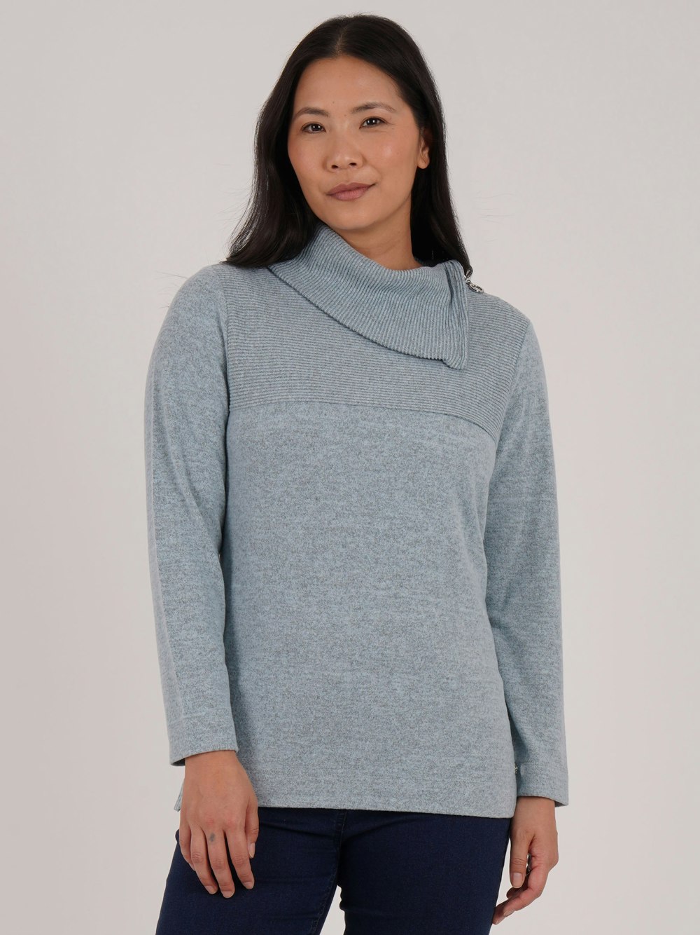 PennyPlain Zip Cowl Neck Rib Top - Glacier | Rackhams