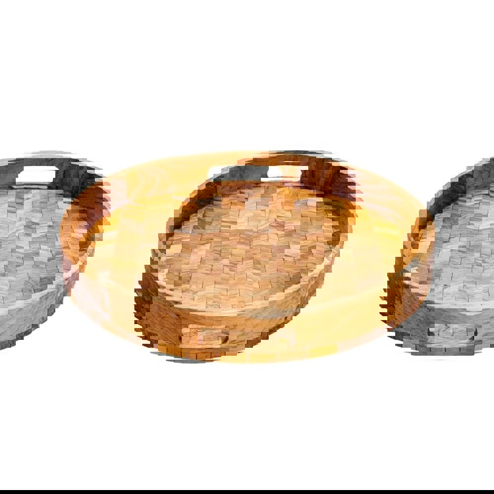 Paguro Herringbone Pattern Round Wooden Serving Tray | Rackhams