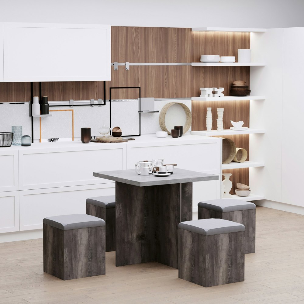 HOMCOM Dining Table w/ 4 Ottomans Seats Kitchen Home | Rackhams