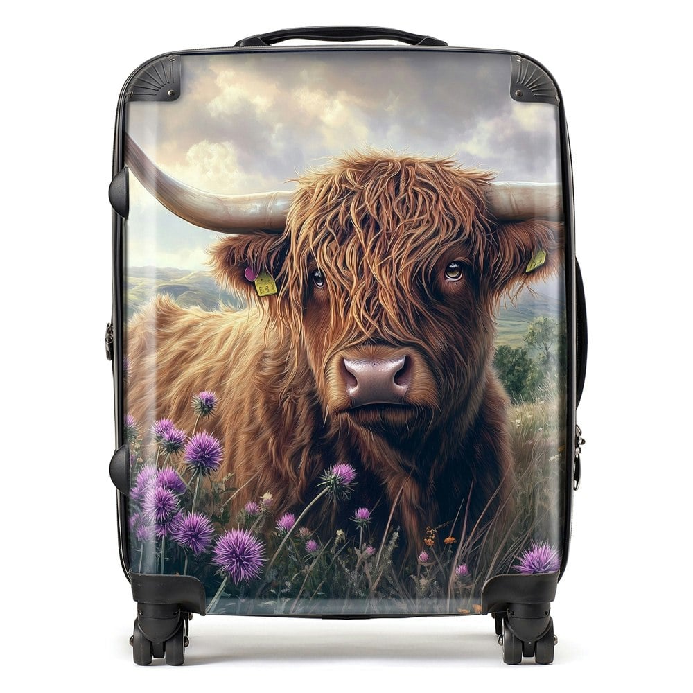 Warren Reed Scottish Thistle And Highland Cow Suitcase | Rackhams