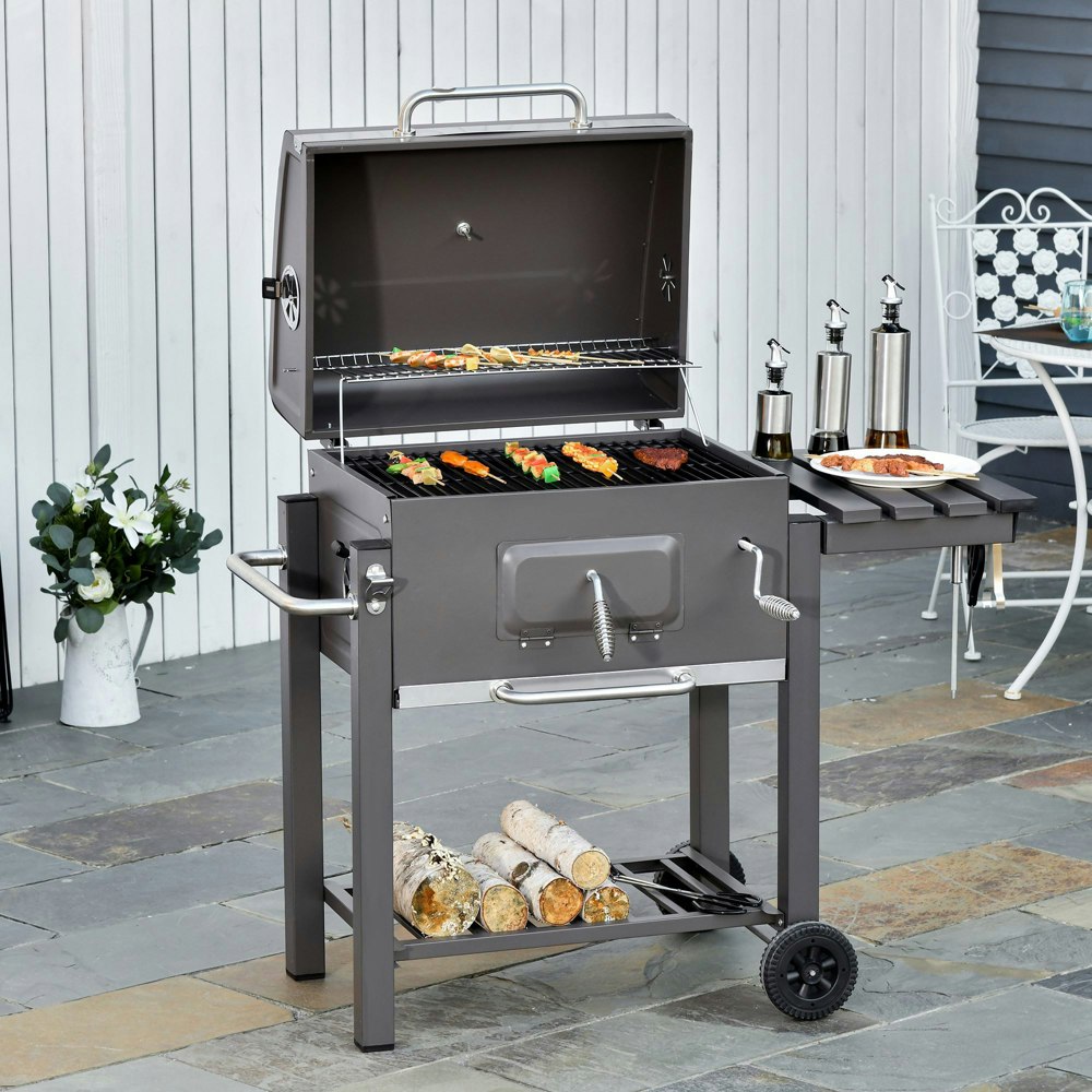 Outsunny Charcoal Grill BBQ Trolley Wheels Shelf Side | Rackhams
