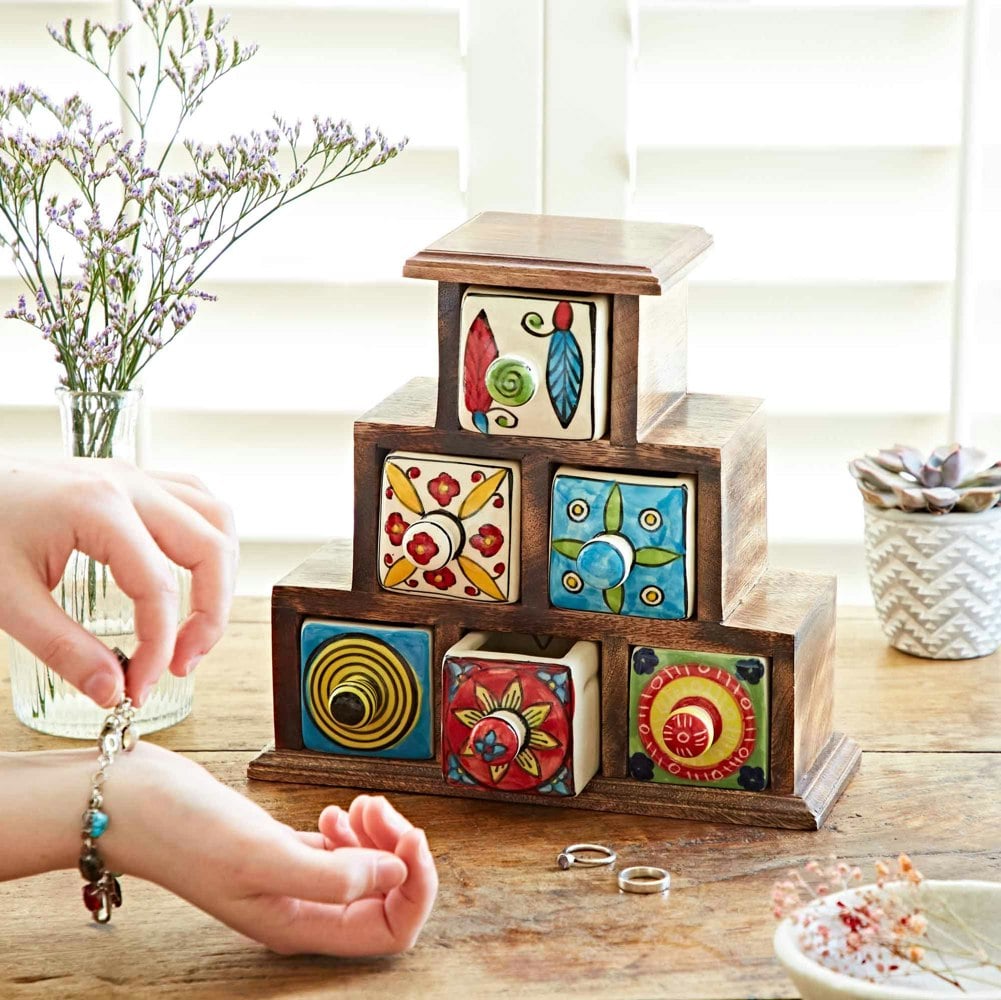 Paper High Multicoloured Mango Wood Pyramid 6 Drawer | Rackhams