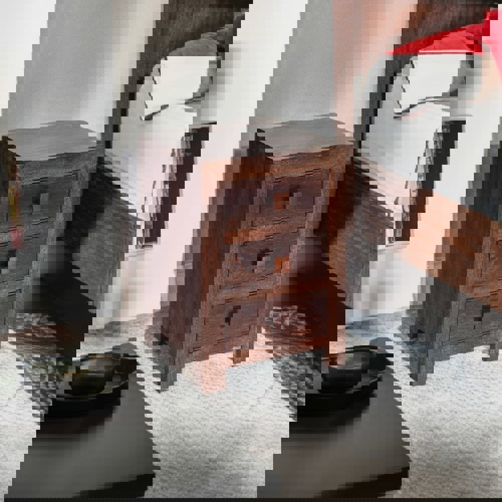 IH Design Mary Mango Wood 3 Drawer Bedside Table | Rackhams