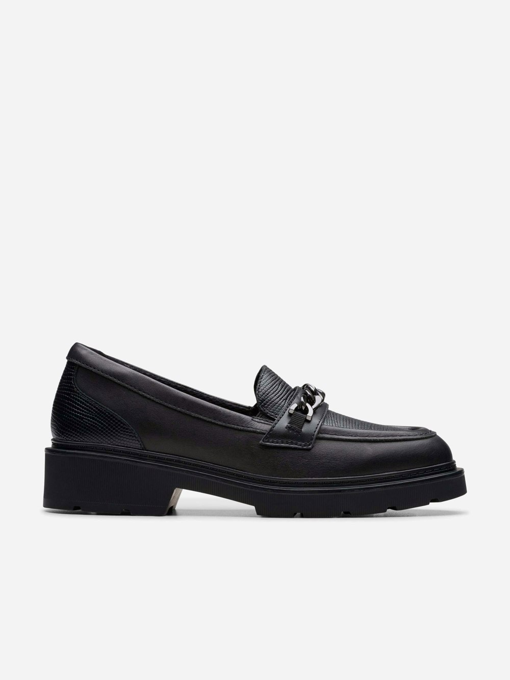 Clarks Girls Leather Eris Edge Loafers in Black | Rackhams