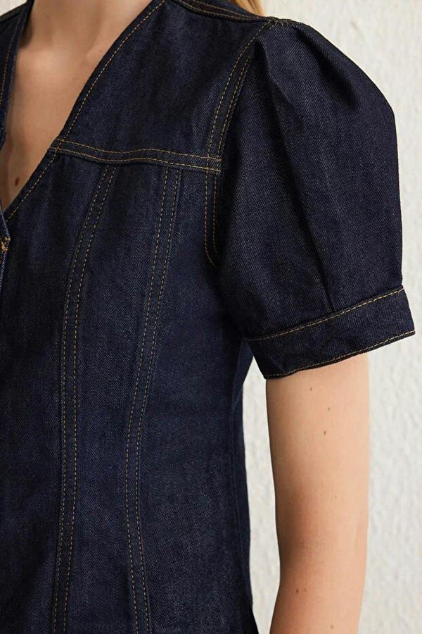 WOVCOR Short Balloon Sleeve V-Neck Denim Blouse | Rackhams
