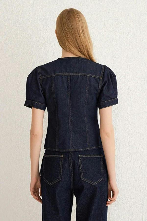 WOVCOR Short Balloon Sleeve V-Neck Denim Blouse | Rackhams