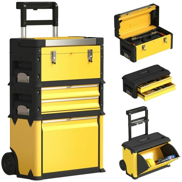 HOMCOM 3-Tier Tool Box with Wheels, Stackable Steel | Rackhams
