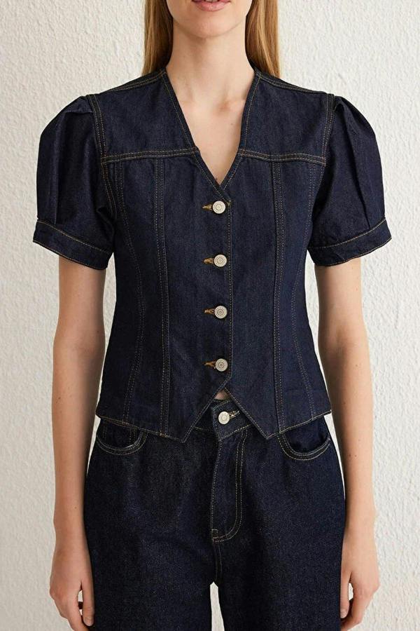 WOVCOR Short Balloon Sleeve V-Neck Denim Blouse | Rackhams