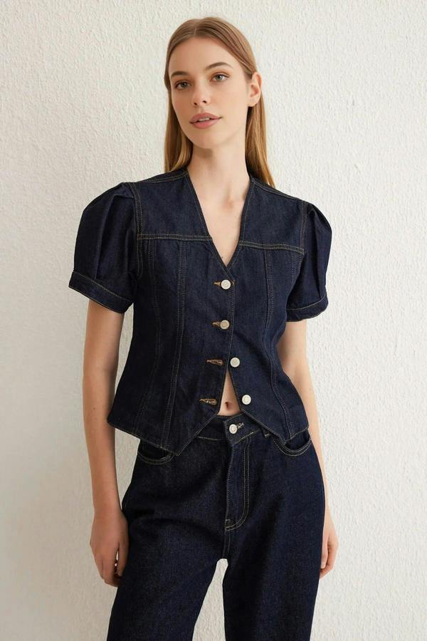 WOVCOR Short Balloon Sleeve V-Neck Denim Blouse | Rackhams