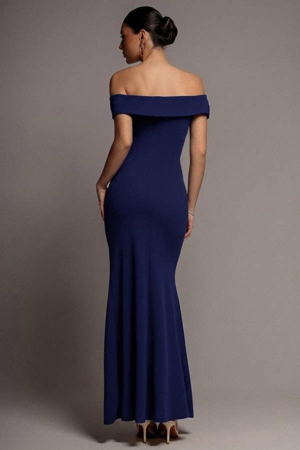 Goddiva Off The Shoulder Maxi Dress With Split - Navy | Rackhams